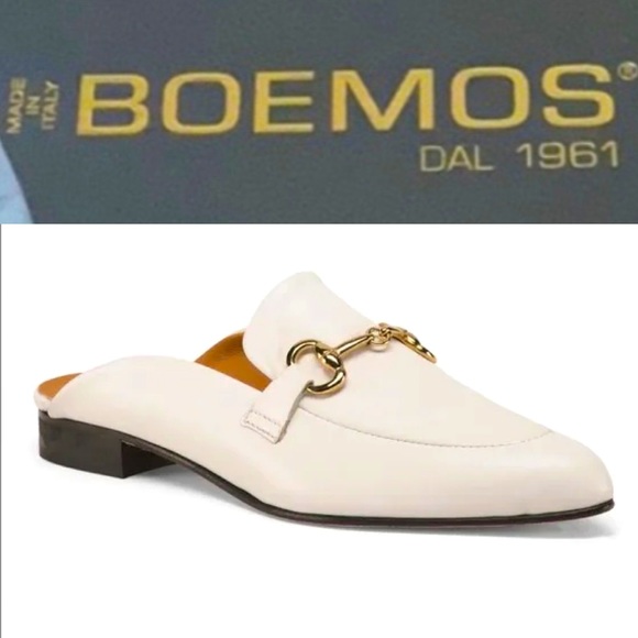 Boemos | Shoes | Boemos White Leather Mules Pointy Toe Golden Horse Bit ...